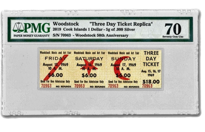 2019 Cook Islands 1 Dollar 5 gram Silver Woodstock 1969 Ticket Note PM – ZM
